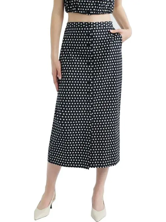 FRAME Polka Dot Front Button Midi Skirt - Black Multi