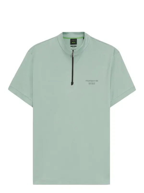 BOSS Porsche X Zipper-neck Polo Shirt In Cotton - Light Green