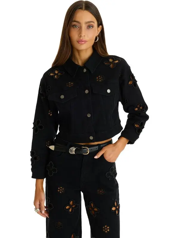 THE NOLI SHOP Kaia Pearl Embellished Cropped Denim Jacket - Black