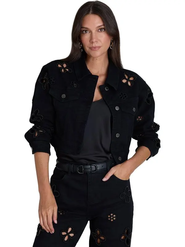 THE NOLI SHOP Kaia Pearl Embellished Cropped Denim Jacket - Black