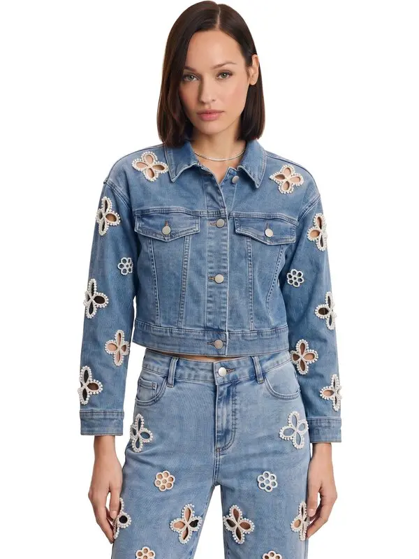 THE NOLI SHOP Kaia Pearl Embellished Cropped Denim Jacket - Medium Blue