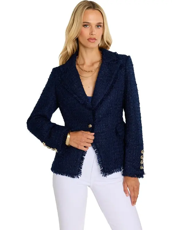 THE NOLI SHOP Giselle Single Breasted Tweed Blazer - Navy