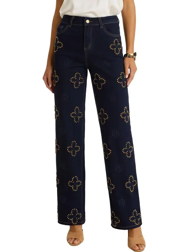 THE NOLI SHOP Kaia Embellished High Rise Straight Leg Jeans - Indigo