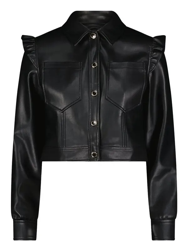THE NOLI SHOP Chantal Ruffle Sleeve Faux Leather Jacket - Black