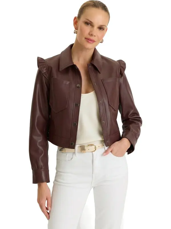 THE NOLI SHOP Chantal Ruffle Sleeve Faux Leather Jacket - Espresso