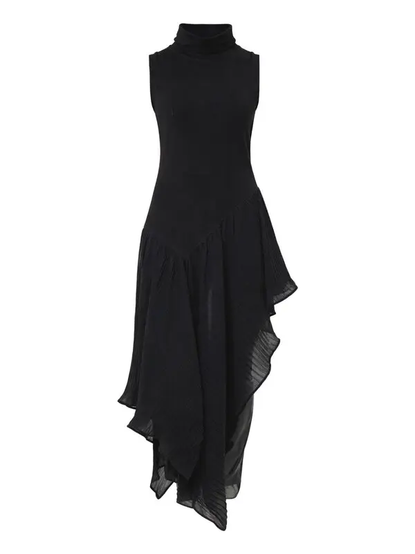 METAMORPHOZA Sleeveless Tunic With High Neck And Asymmetrical Pleated Chiffon Layer - Black
