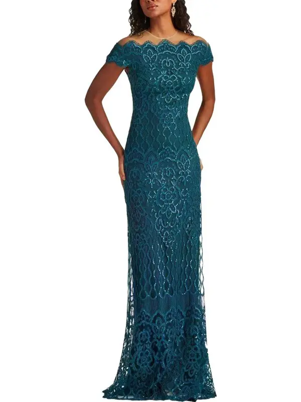 Tadashi Shoji Sequin-embellished Lace Overlay Maxi Dress - Blue