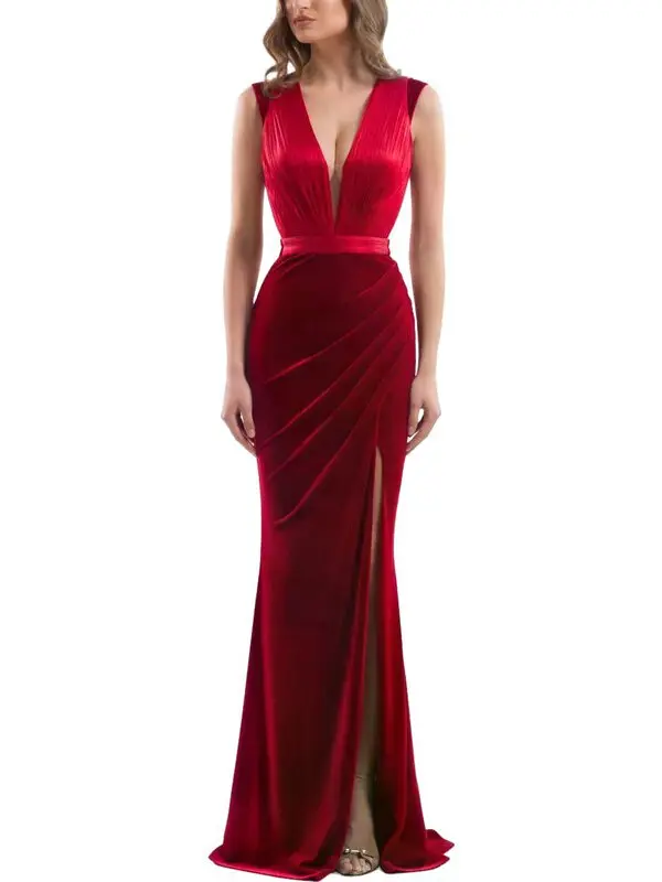 IMROSKA Plunging V-neck Draped Maxi Dress - Red
