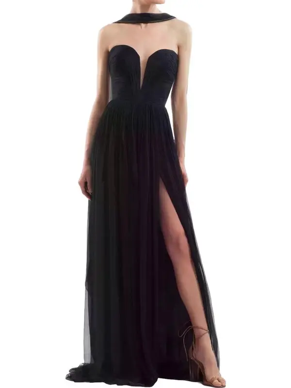 IMROSKA Draped Plunging Neckline Gown - Black