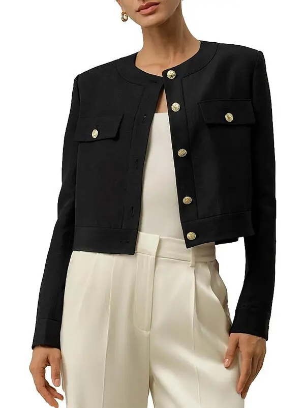 Lilysilk Mara Cropped Silk-linen Jacket With Metal Button Details - Black