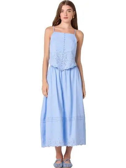 Astr The Label Shelly Linen Midi Skirt With Eyelet Hem - Blue
