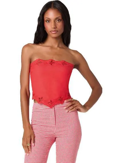Astr The Label Cutwork Embroidery Strapless Linen Top - Red