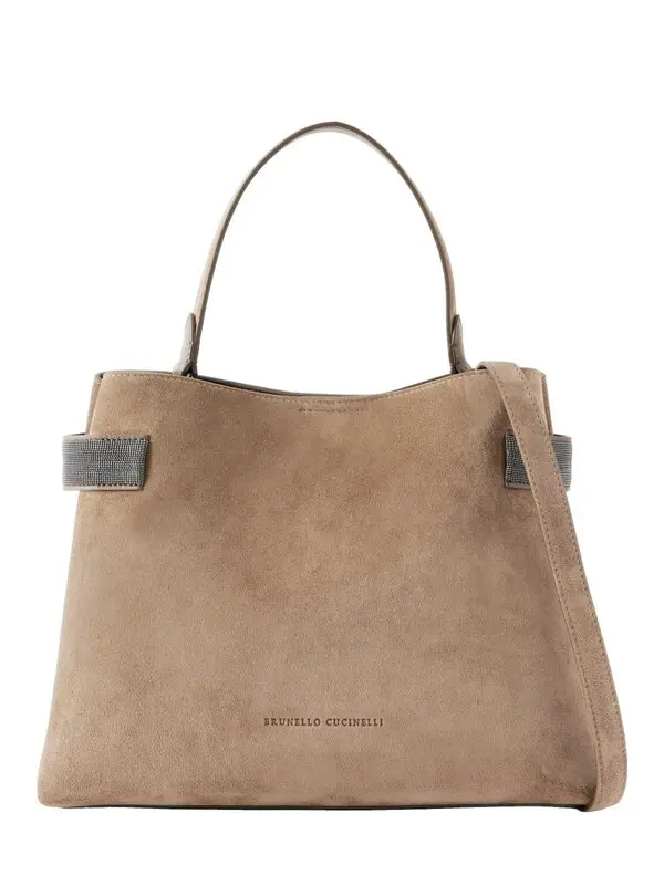 Brunello Cucinelli Suede Shoulder Bag With Monili Bead Embellishments - Gray