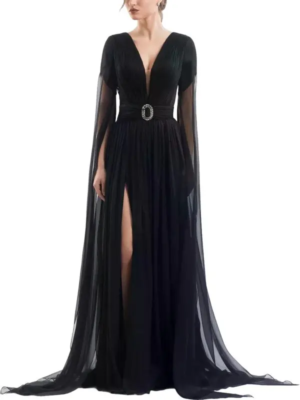 IMROSKA Crystal-buckle Cape-sleeve Maxi Dress - Black