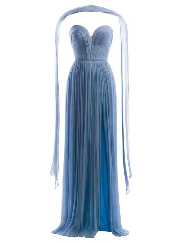 IMROSKA Iris Pleated Strapless Maxi Dress - Blue