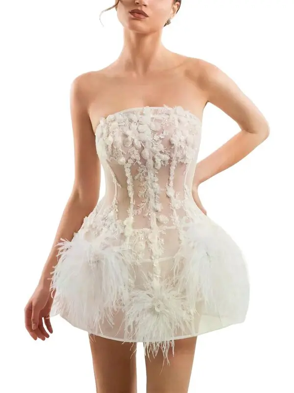 IMROSKA Feather-trimmed Floral Appliqué Mini Dress - White