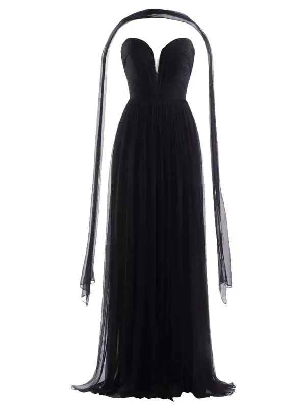 IMROSKA Draped Maxi Gown With Plunging Neckline - Black