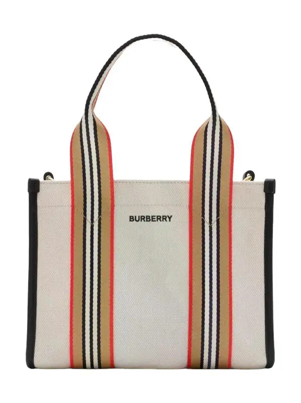 Burberry Mini Icon Stripe Trimmed Canvas Tote - Neutrals