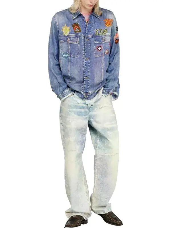 DIESEL® Satin Shirt With Trompe-l'oeil Denim Print - Blue