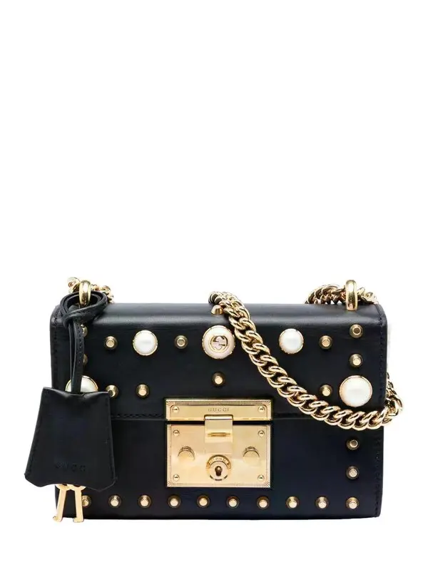 Gucci Small Pearl Studded Leather Padlock Crossbody Bag - Black