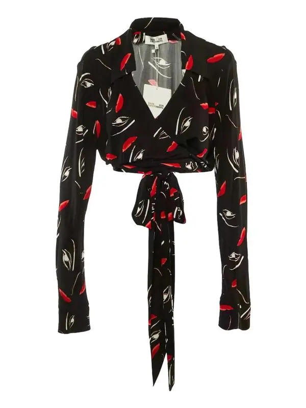 Diane Von Furstenberg Floating Face And Lip Print Wrap Top - Black