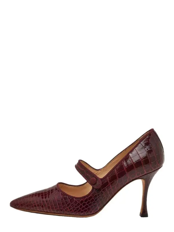 Manolo Blahnik Burgundy Croc-embossed Leather Mary Jane Pumps - Red
