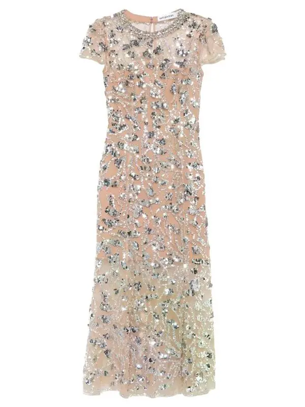 SELF-PORTRAIT Sequin-embellished Midi Dress With Crystal Neckline - Neutrals