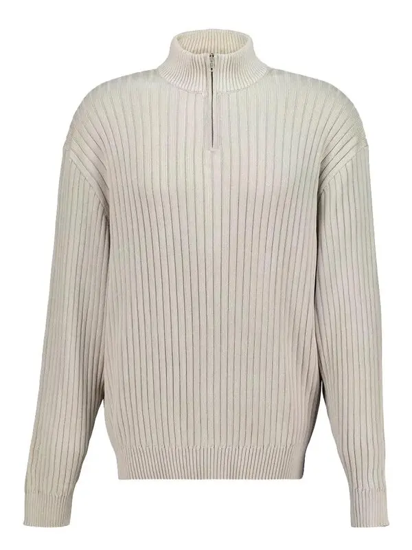 Balenciaga Ribbed Knit Logo Print Quarter-zip Sweater - Neutrals