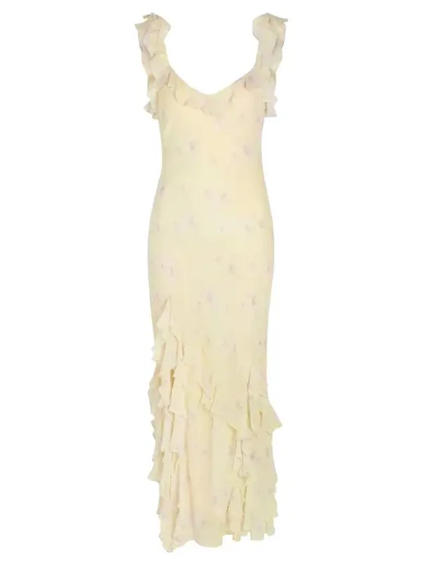 LoveShackFancy Floral Print Ruffled Maxi Dress - Yellow
