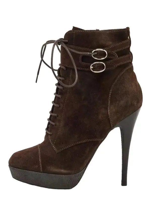 Saint Laurent Suede Lace-up Platform Stiletto Ankle Boots - Brown