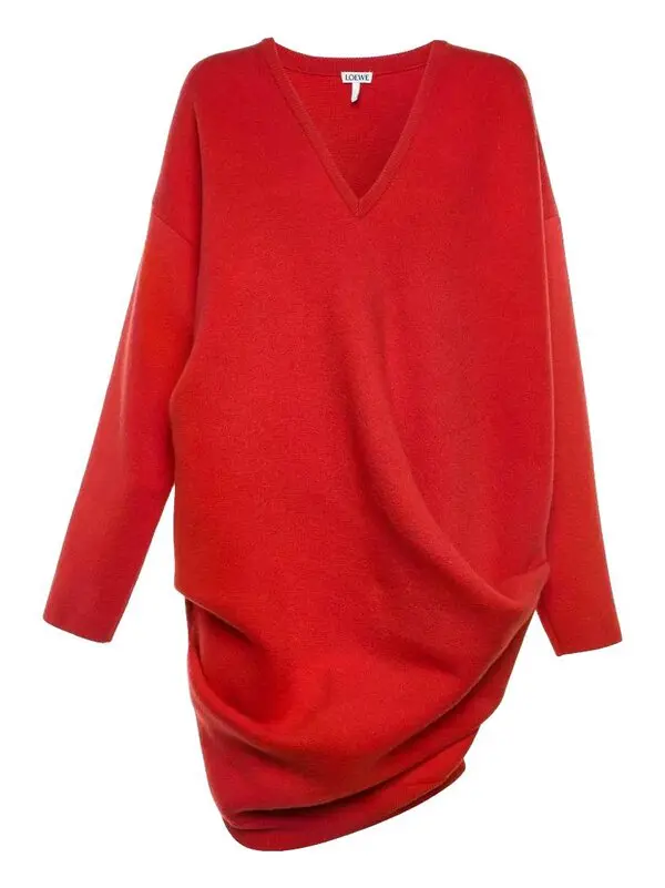 Loewe Knitted Draped V-neck Mini Dress - Red