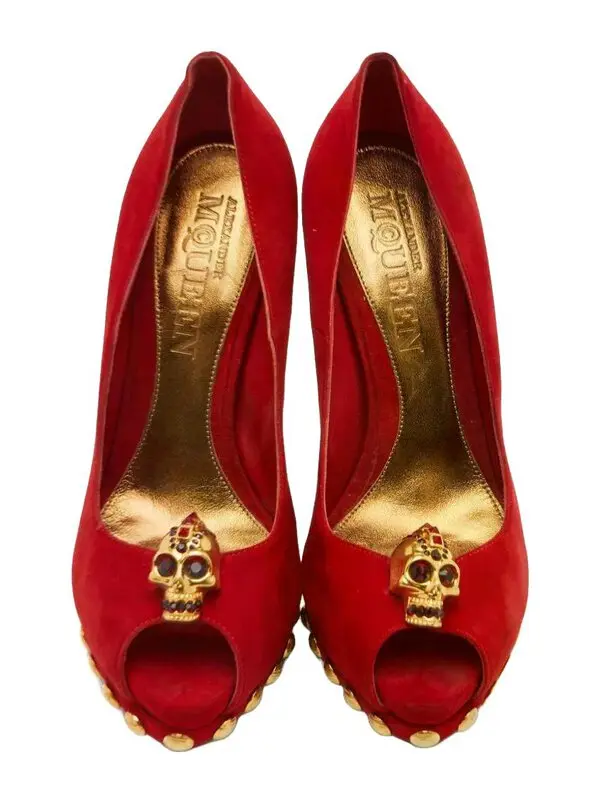 Alexander McQueen Suede Skull Embellished Peep-toe Pumps - Red