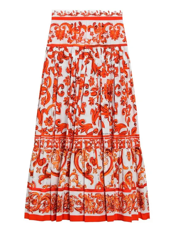 Dolce & Gabbana Long Skirt With Maiolica Print Cotton Poplin - Orange