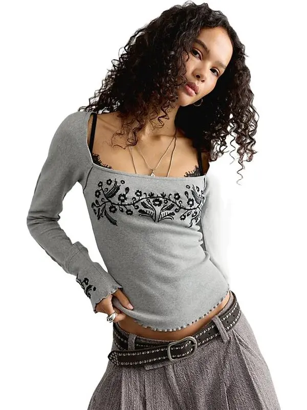 Free People Olivia Embroidered Long-sleeve Top - Grey Combo