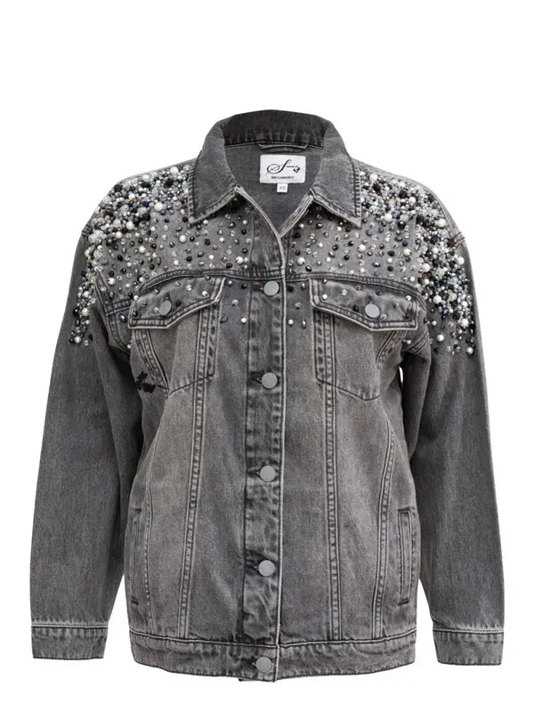 SANA T Sana "hand Crafted" Rhinestone Denim Jacket - Grey