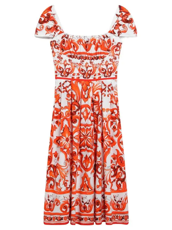 Dolce & Gabbana Maiolica-print Cotton Poplin Dress - Orange