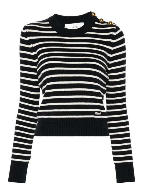 AMI Paris Striped Crewneck Knitted Jumper With Gold Button Detail - Black