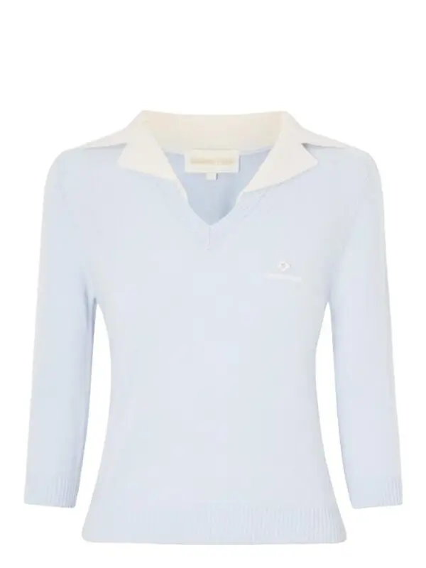 SHUSHU/TONG Ribbed Wool Knit Sweater With Patterned Chest - Blue