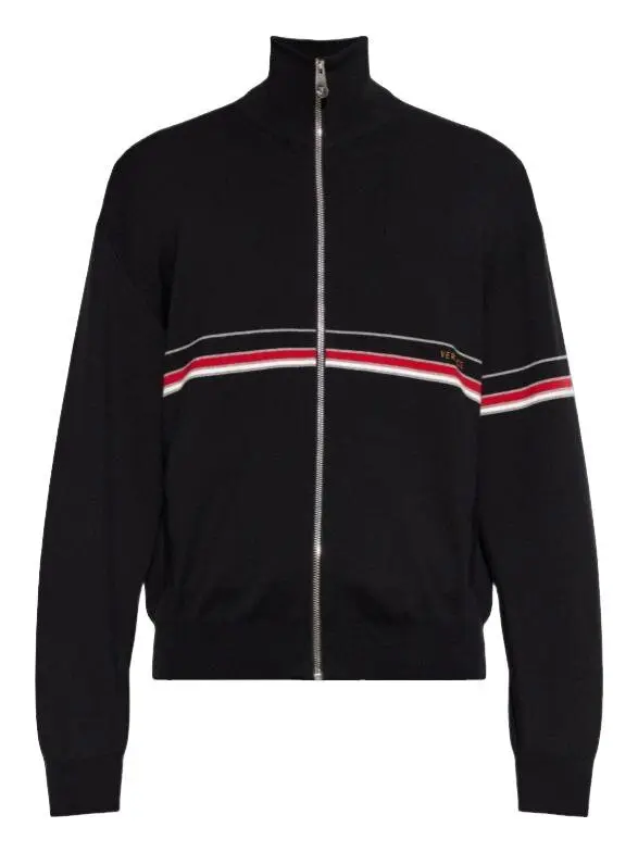 Versace Cotton-knit Zip Cardigan With Embroidered Logo - Black