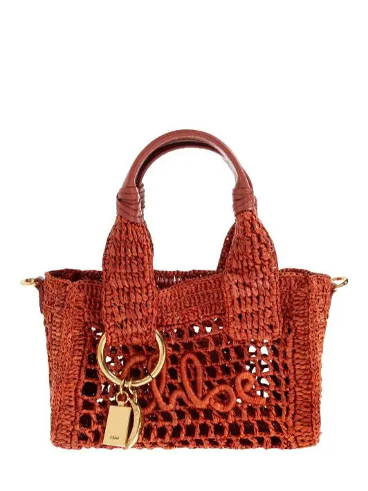Chloé Medium Woven Tote Bag With Logo Patch - Brown