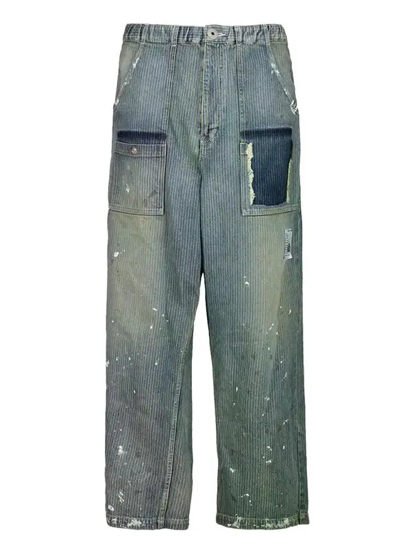 Mihara Yasuhiro Stripe-pattern Paint-splatter Jeans - Blue