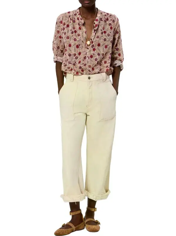 MARANT ETOILE Beige Cotton Floral Print Henley - Neutrals