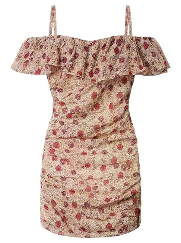 MARANT ETOILE Ecru Beige Printed Off-the-shoulder Dress - Neutrals