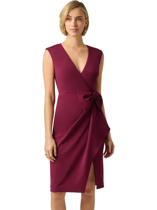 Adrianna Papell Sleeveless Stretch Crepe Wrap Dress With Oversized Bow Accent - Cabernet