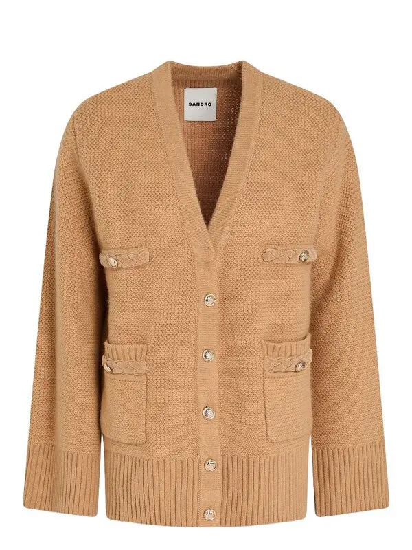 Sandro Wool Cardigan With Velvet Trims - Camel