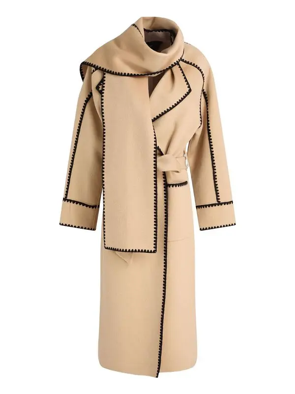 Maje Whipstitched Wool-blend Felt Coat With Detachable Scarf - Beige