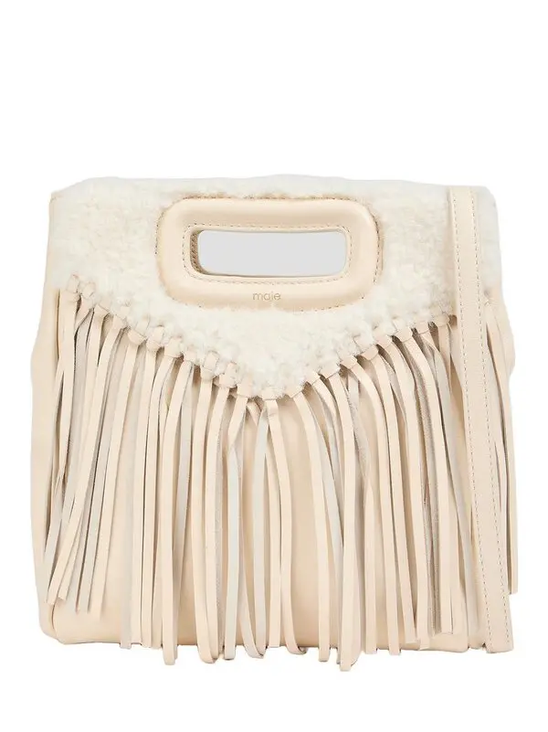 Maje Fringed Leather Tote With Teddy Fleece Trims - Ecru