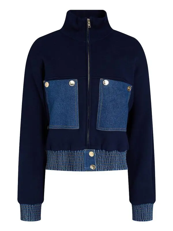 Sandro Paneled Denim Knit Jacket - Navy