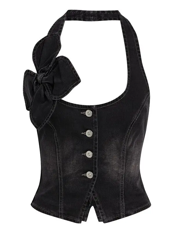 AREA Floral Appliquéd Denim Halterneck Top - Black