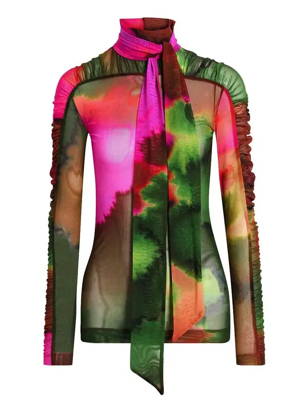 Dries Van Noten Tie-dye Ruched Stretch-mesh Turtleneck Top - Fuchsia